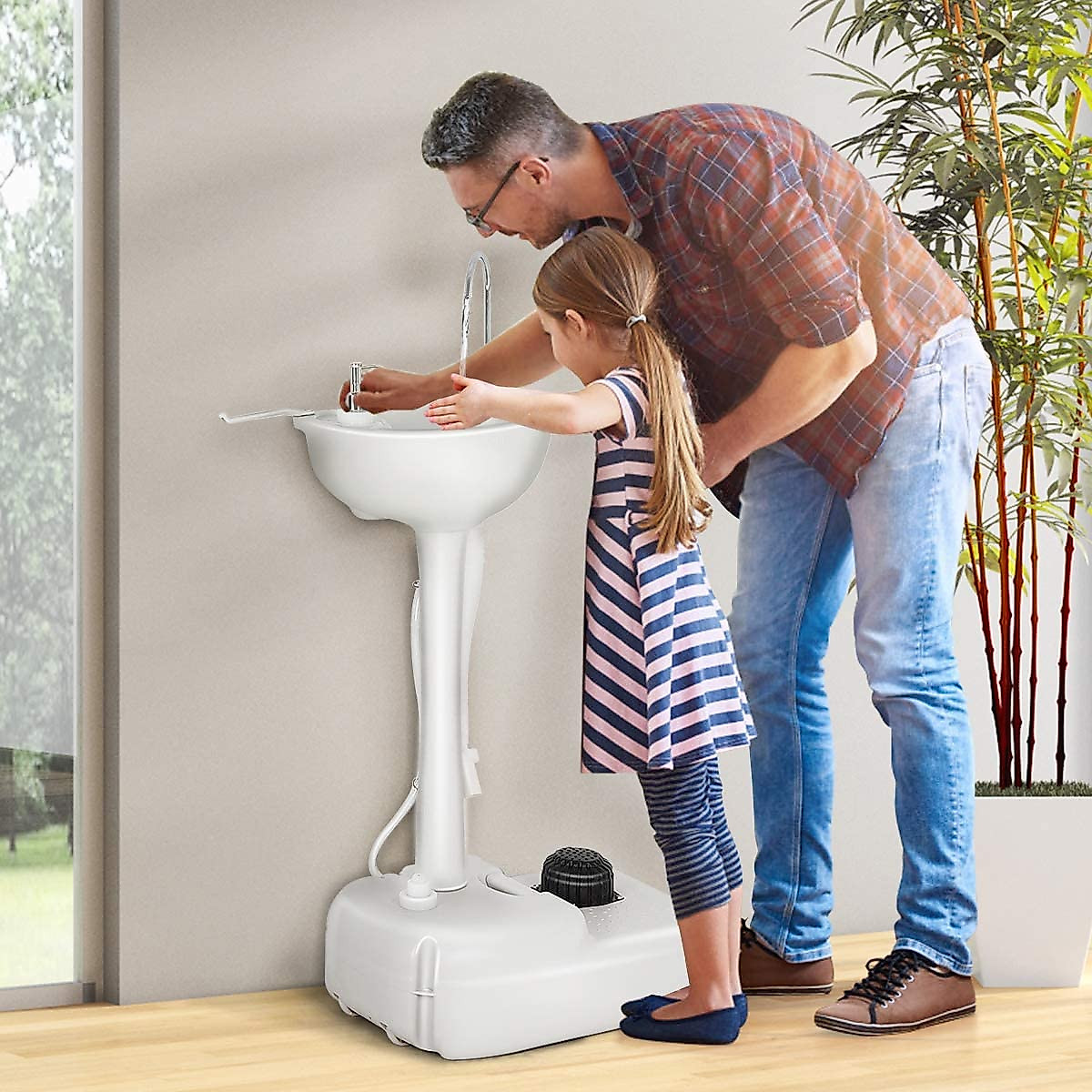 S AFSTAR Portable Camping Sink, Hand Wash Basin Stand w/ 17L Water Tank & Soap Dispenser, Rolling Hand Washing Station w/Towel Holder & Foot Pump, for Garden, Outdoor Sink Hand Wash Station