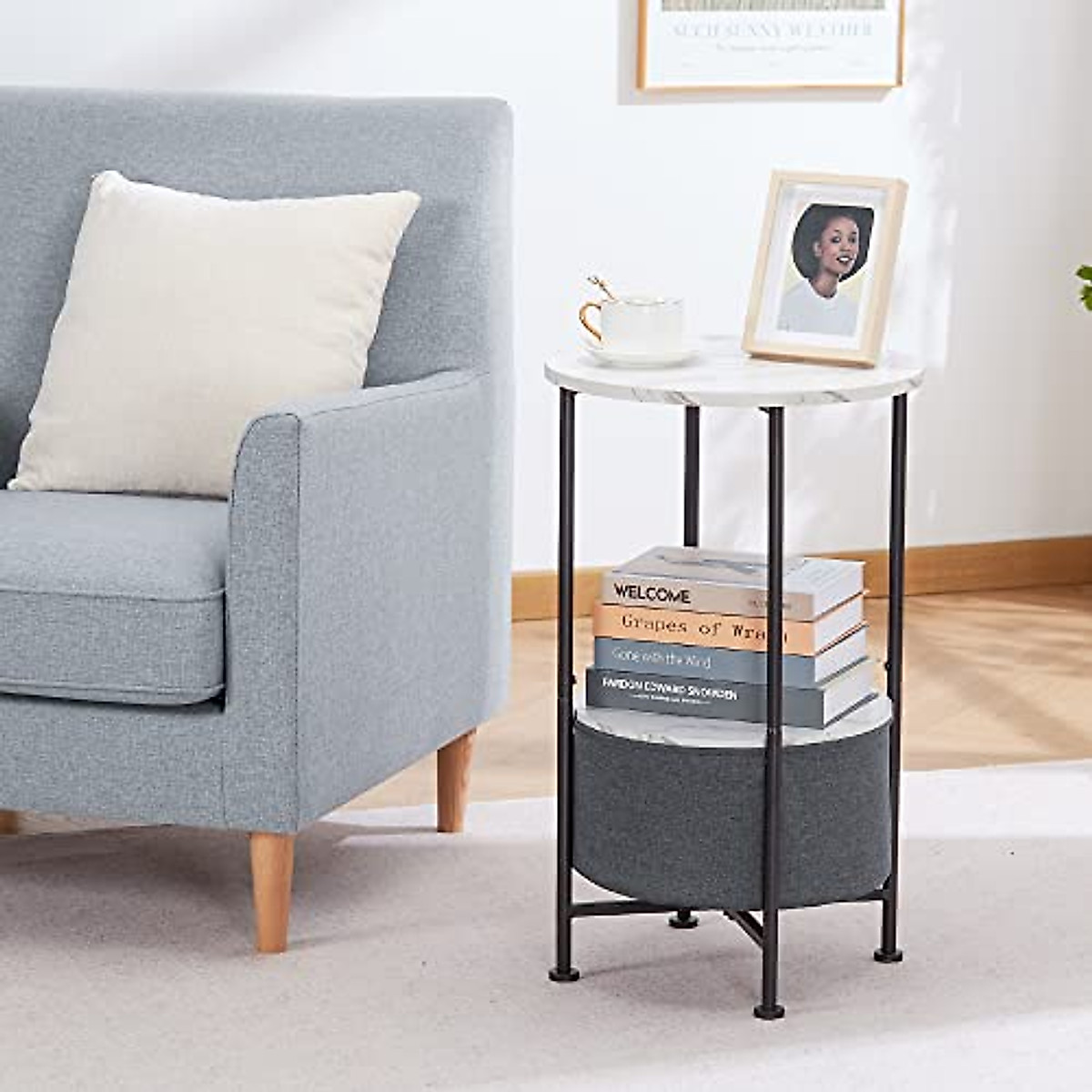 LEMONDA 26" High Marble White Round End Table with Storage,Small 2 Tiers Round Side Table with Basket for Living Room Bedroom,Round Sofa Table Nightstand Bedside Table for Small Spaces