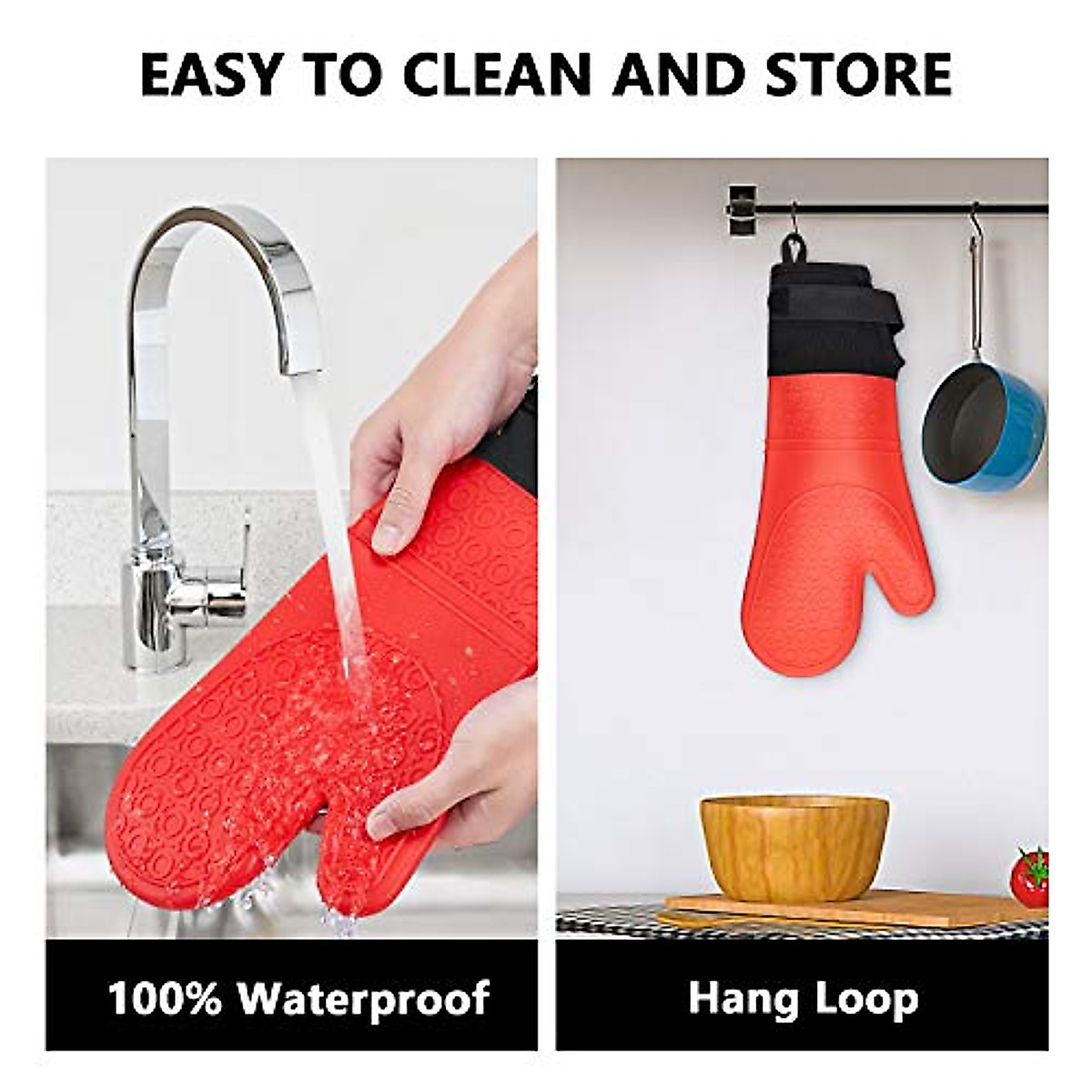 Silicone Oven Mitts with Adjustable Cuff, RoomyRoc Oven Mitt with Non-Slip Grip and Thicker Liner, Heat Resistant Pot Holders, Extra Long Professional Soft Flexible Oven Gloves, Red, 1 Pair, 14.7 Inch
