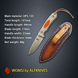 WOMSI Hunting Knife,Full Tang 6.57",DPS15-S Power Steel Blade,Sonorous&durable G10 Handle with Leather Sheath(Grey)