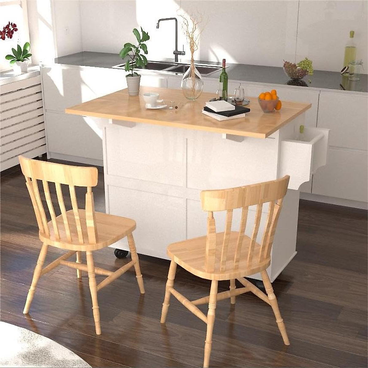 Kitchen Island Cart with Drop Leaf, Rolling Mobile Kitchen Island Table on Wheels with Storage Cabinet, Drawer, Spice/Towel Rack, White