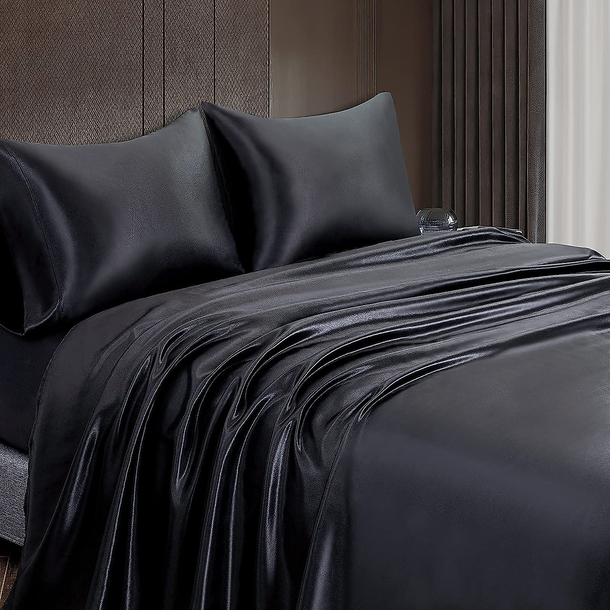Homiest 4pcs Satin Sheets Set Luxury Silky Satin Bedding Set with Deep Pocket, 1 Fitted Sheet + 1 Flat Sheet + 2 Pillowcases (Full Size, Black)