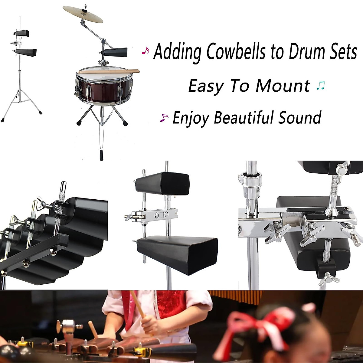 Acrux7 7 Inch Large Cow Bell Noise Makers, Metal Cowbell with Handle and Stick, Hand Percussion Music Cowbell for Sporting Events, Drum Set, Church, Weddings, Beautiful Clear Tapping Sound (Black)