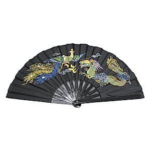 jiaoguo Mascot Dragon Phoenix Kung Fu Tai Chi Martial Arts 13 Ribs Bamboo Frame Fan All Black