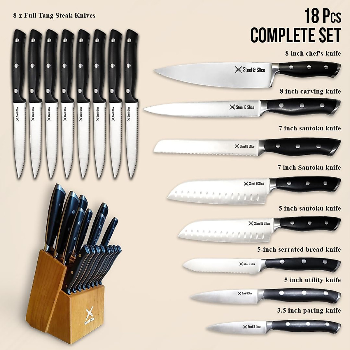 Knife Set, 19-Piece German Stainless Steel Kitchen Knife Set, Premium Knife Block Set with Knife Sharpener, Dishwasher Safe Knife Set with Block for Kitchen - 1 Year Refund Warranty