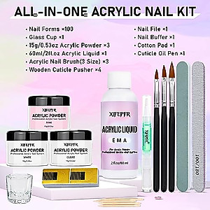 XIFEPFR Acrylic Nail Kit - Clear White Pink Acrylic Powder and Acrylic Liquid Set with Acrylic Nail Brush Nail Forms Glass Cup Beginner Acrylic Nail Kit for Nail Extension Carving Salon Home DIY