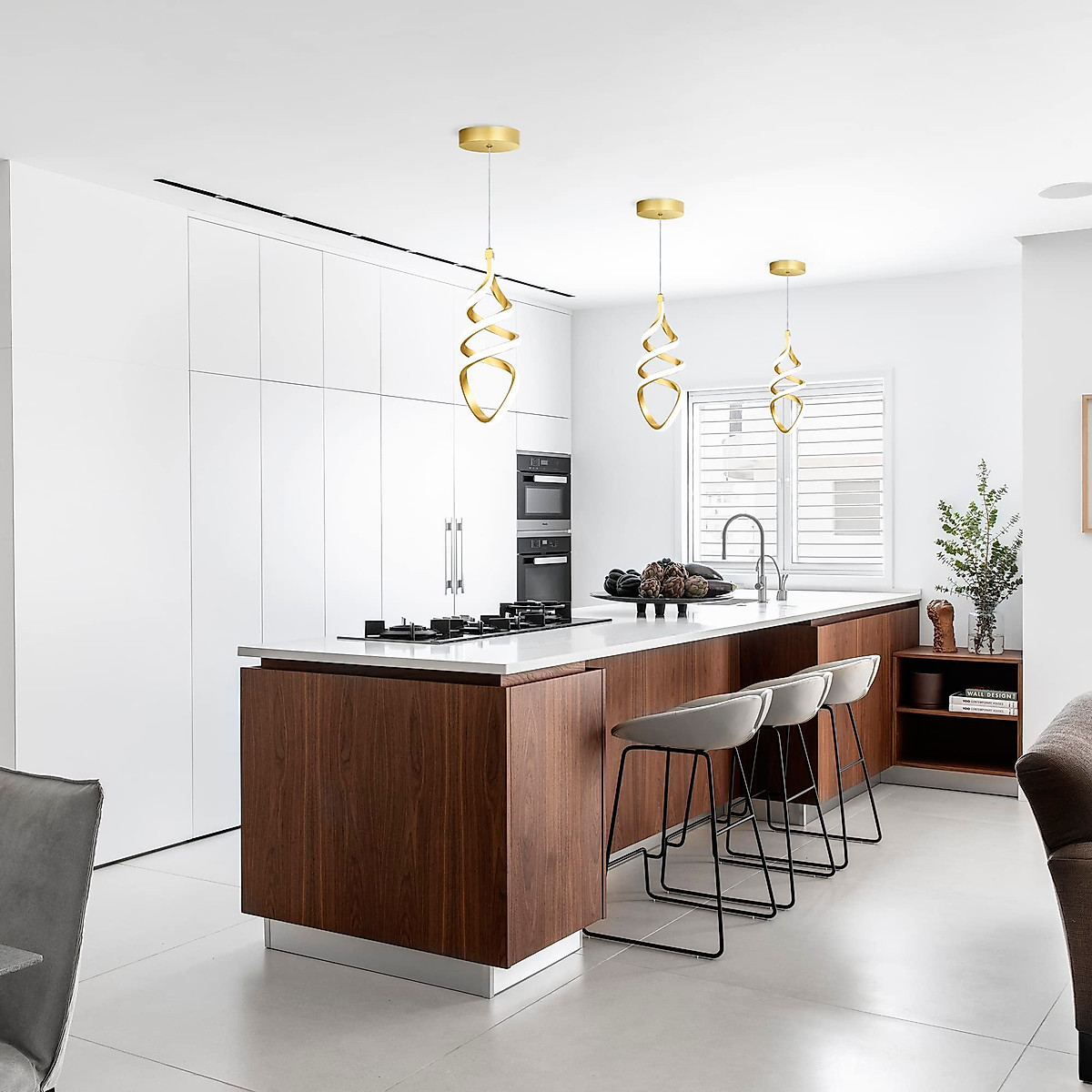 Pendant Lights,3 Pack Brushed Gold Pendant Lighting for Kitchen Island,LED Pendant Lights 3 Color Temperature,Modern Pendant Light Fixtures,Gold Brass Pendant Lighting,Dimmable Spiral Ceiling Light