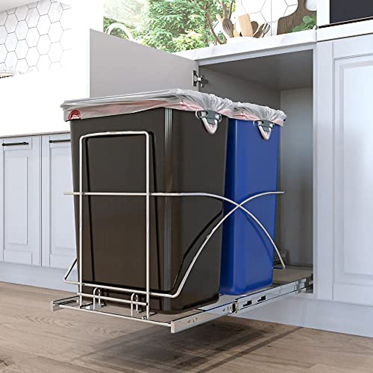 Home Zone Living 15.3 Gallon Pull Out Under Cabinet Trash Can, Large Dual Removable Liners for Recycling and Trash (7.65 + 7.65 for 15.3 Gallon Total)