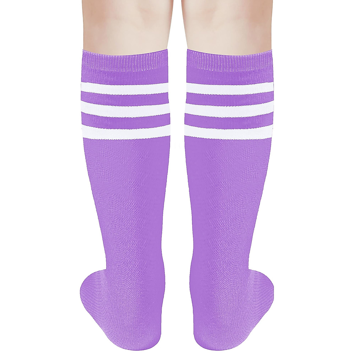 DOOVID Kids Soccer Socks Three Stripes Knee High Tube Socks Cotton Sports Socks Uniform Stocking for Toddler Boys Girls Purple White