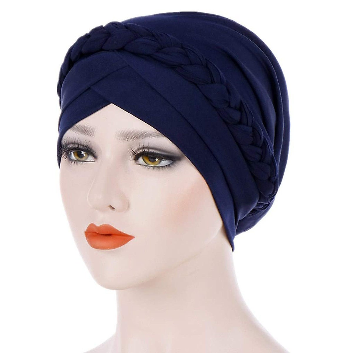 Fxhixiy Hijab Braid Silky Turban Hats for Women Cancer Chemo Beanies Cap Headwrap Headwear (Navy Blue)