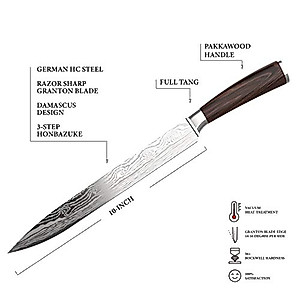 GRANDTIES Damascus Style Slicing Carving Knife - 10 Inch Full Tang High Carbon German Stainless Steel Brisket Kitchen Knives - Long Slicer & Carver - Ergonomic Pakkawood Handle - With Gift Box