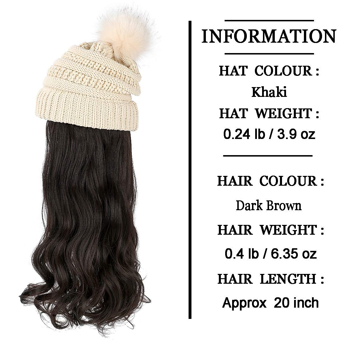AynnQueen Beanie with Hair Attached for Women Slouchy Cable Hat Wig Knit Beanie Winter Hat with 20inch Removable Hair Extensions Wig (Dark Brown-Khaki Hat)
