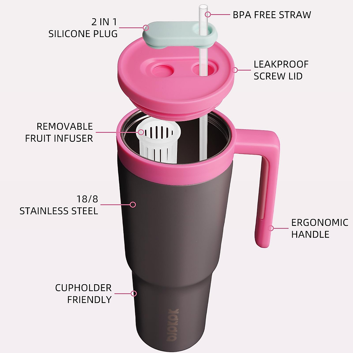 BJPKPK 40oz Tumbler With Handle And Fruit Infuser Insulated Tumblers With Lid And Straw Stainless Steel Travel Coffee Thermal Cup,Grey