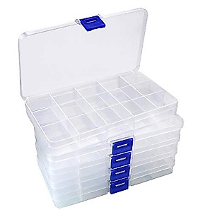 WYKOO 5 Pack 15 Grids Transparent Plastic Bead Organizers, Clear Plastic Jewelry Organizer Box with Movable Dividers, Earring Storage Containers Small Craft Storage Box