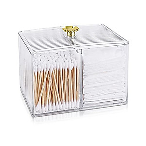 SHAIDOJIO Qtip Holder, Cotton Swabs Holder, Clear Modern Bathroom Organizer, Apothecary Jars with Lids, 3 Grids Separate Vanity Storage Jars for Cotton Ball, Swabs, Floss, Makeup Sponges(Style A)