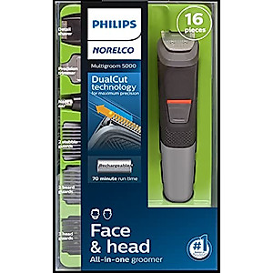 Philips Norelco Multigroomer All-in-One Trimmer Series 5000, 18 Piece Mens Grooming Kit, for Beard Face, Hair, Body Hair Trimmer for Men, No Blade Oil Needed, MG5750/49