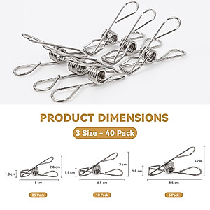 40 Pack Clothes Pins Heavy Duty, 304 Stainless Steel Clothes Pins with Waterproof Bag, Metal Clothespins Assorted Size Include Extra Large, 2.4/2.6/3.4 Inch Laundry Pins for Hanging Clothes Outdoor