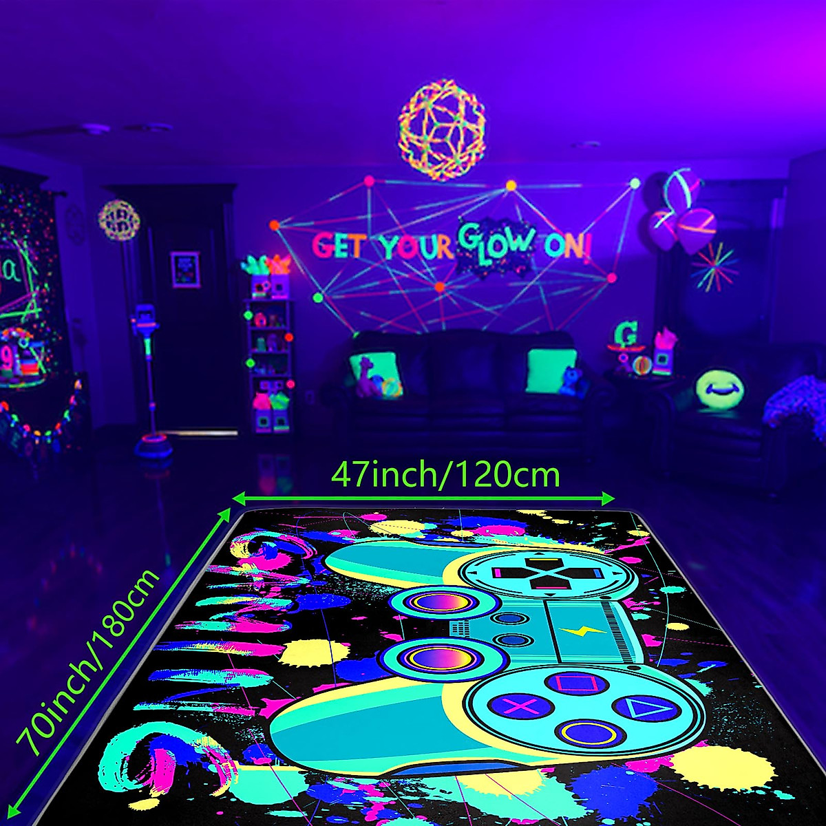 SEBKQ Blacklight Gaming Area Rug, UV Reactive 3D Game Controller Rug, Large Non-Slip Carpet for Boy and Girl Game Room Decor, 70in×47in×0.39in