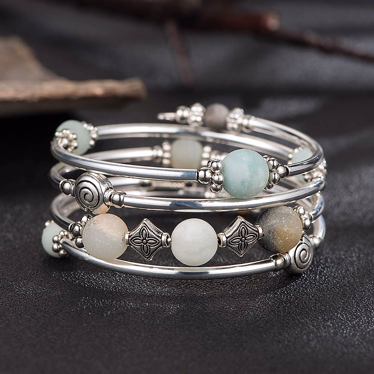 Beaded Pearl Bangle Wrap Bracelet - Fashion Bohemian Jewelry Multilayer Charm Bracelet with Thick Silver Metal Beads, Gift For Women (Green)