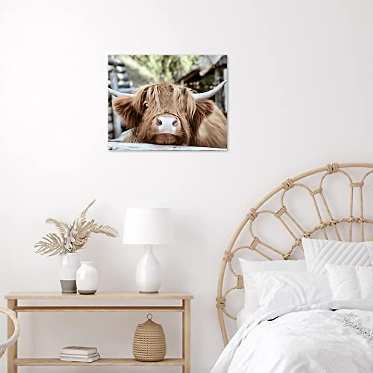 LB Highland Cow Canvas Wall Art Funny Farm Brown Bull Canvas Prints Rustic Animal Cattle Artwork Country Modern Painting Picture Poster for Bathroom Bedroom Living Room Wall Decor,16x12 Inch