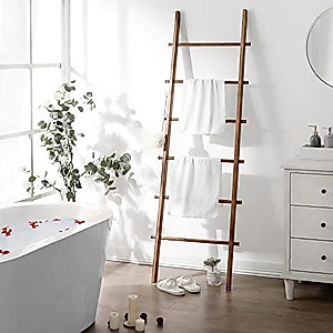 FUIN 6ft & 5ft Wood Decorative Wall Leaning Blanket Ladders Bathroom Storage Quilt Towel Display Rack Shelf Holder Rustic Farmhouse, Brown