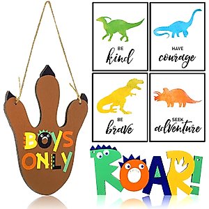 Jetec 6 Pcs Dinosaur Boys Room Wall Decor Include 2 Dinosaur Paw Wooden Hanging Sign 4 Wall Stickers (Unframed) Inspirational Quote Dino Decor Gift for Kids Bedroom Nursery Playroom