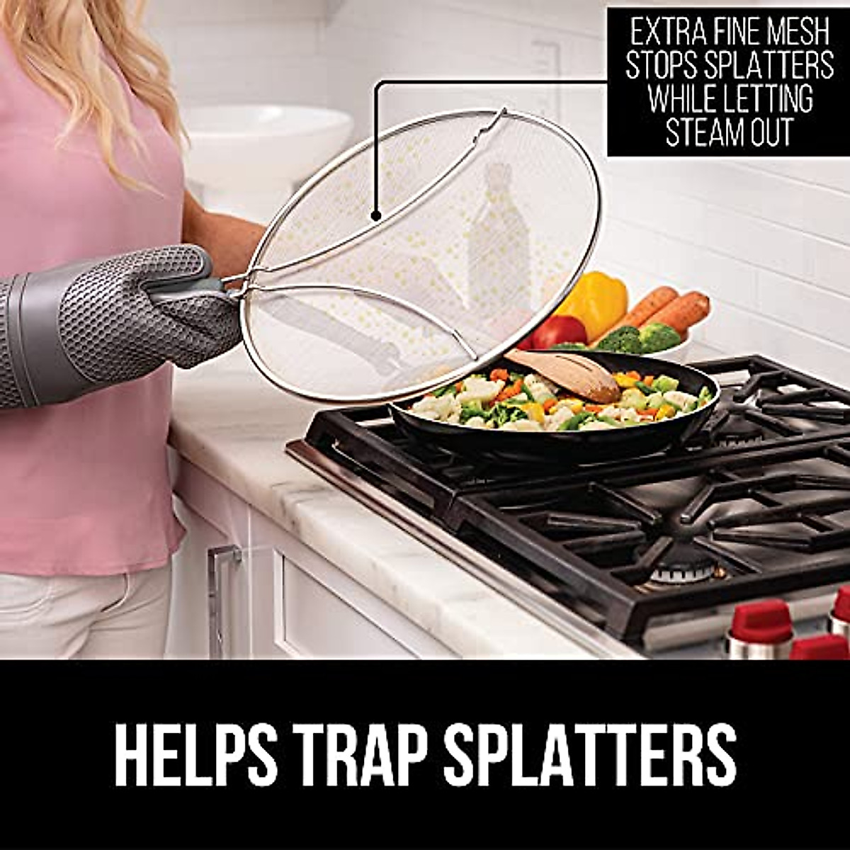 Gorilla Grip Splatter Screen for Frying Pan, Easy Clean Stainless Steel Grease Cover, Stop Hot Oil and Bacon Splash, Cooking Guard for Skillet, Comfortable Handle, Dishwasher Safe, 11.8 Inch, Gray
