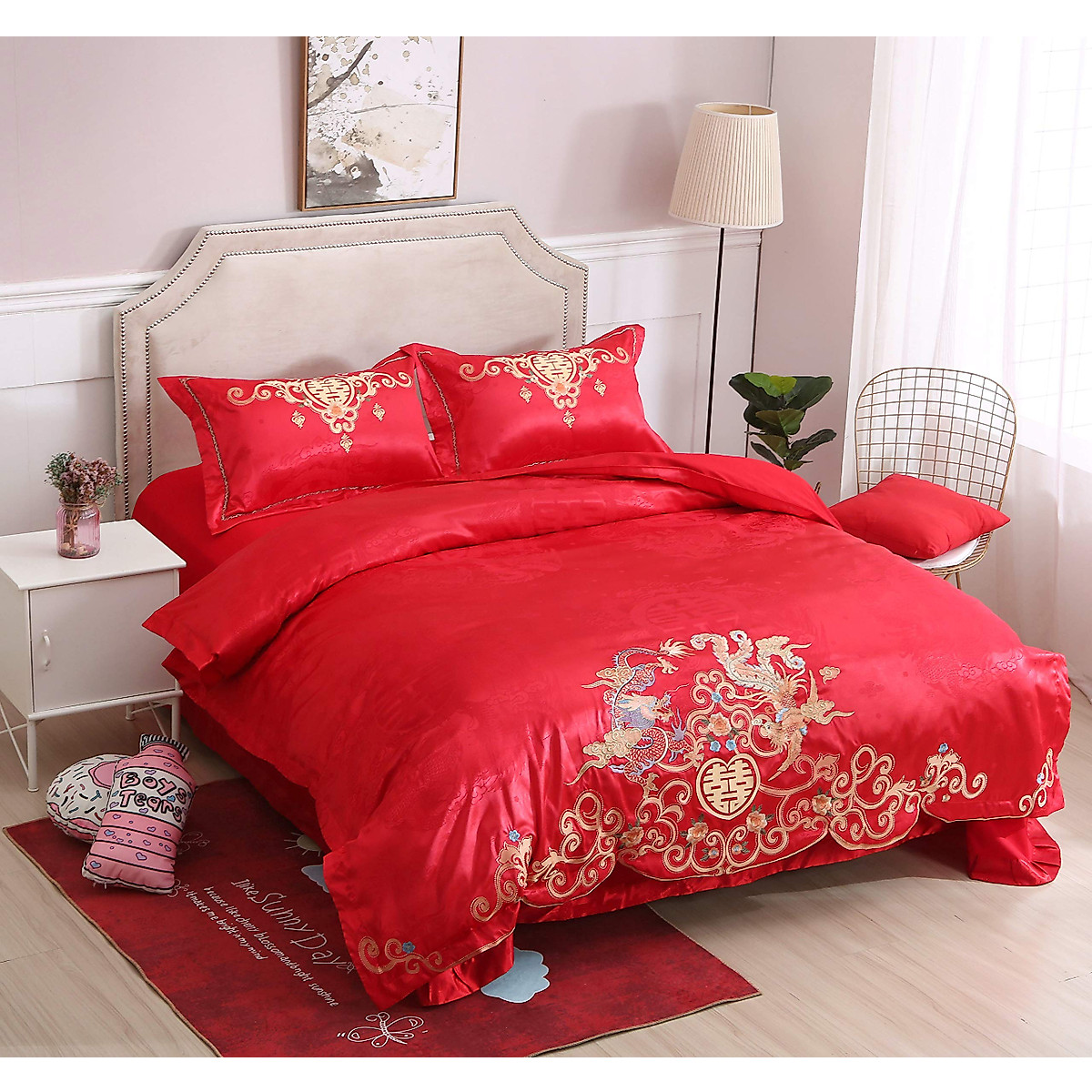 I-MART Queen Size Chinese Traditional Red Sheet Asian Bedding with Dragon and Phoenix Bird Embroidery Duvet Cover Set 4 Pcs