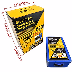 MaxTool 29 Pieces Drill Set 29PCs/29-Piece Twist Drill Bit Set 8% Cobalt HSS M42 Fully Ground 1/16“ to 1/2”x64th Fractional; JBS42G10R029P