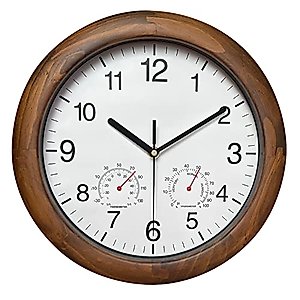 Reynoe Wooden Wall Clock with Temperature and Humidity, 12 Inch Brown, Large Numbers for Room Decor