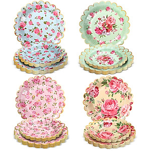 Pasimy 64 Pcs Floral Vintage Plates Paper Tea Party Plates Set 9 Inch Dinner Plates 7 Inch Dessert Plates for Birthday Baby Shower Wedding Bachelorette Party Supplies(Rose)
