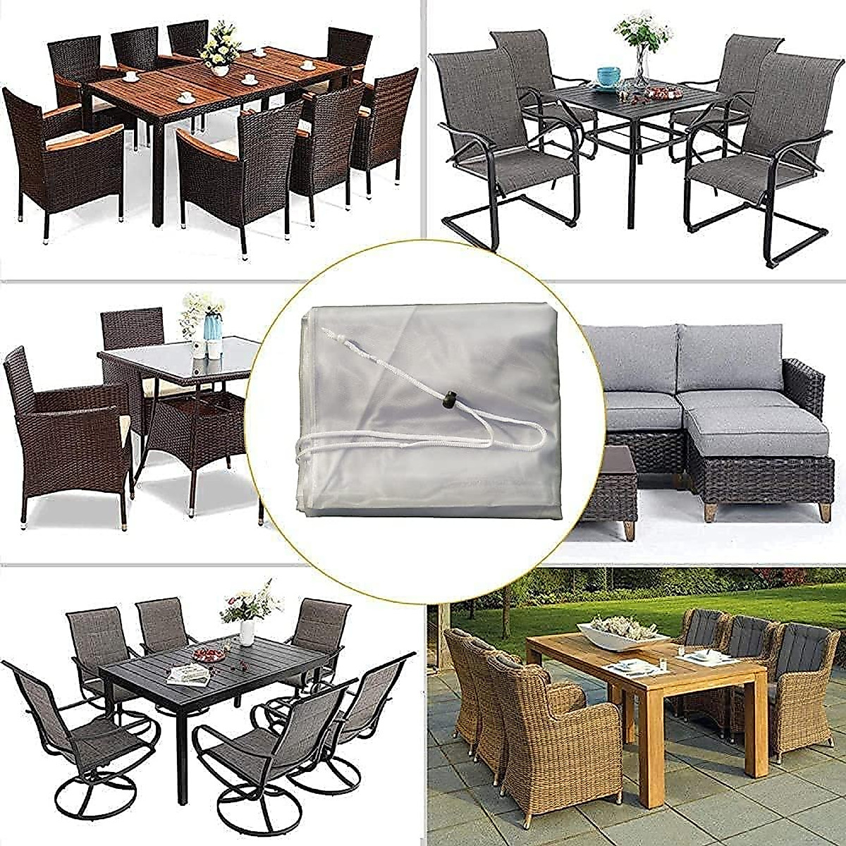 HHMAX Clear Patio Furniture Cover- Waterproof UV Resistant Rectangle PVC Fabric for Outdoor Garden Table and Chairs Dining Set Tarpaulin Sheet with Hem Cord, 43 Sizes