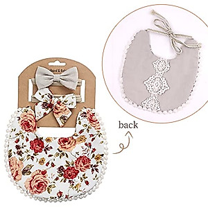 KIDOCHEESE Baby Bibs for Girls Reversible Boho Double-Deck Cotton Drooling Bibs with Nylon Headband Set (SET-02)
