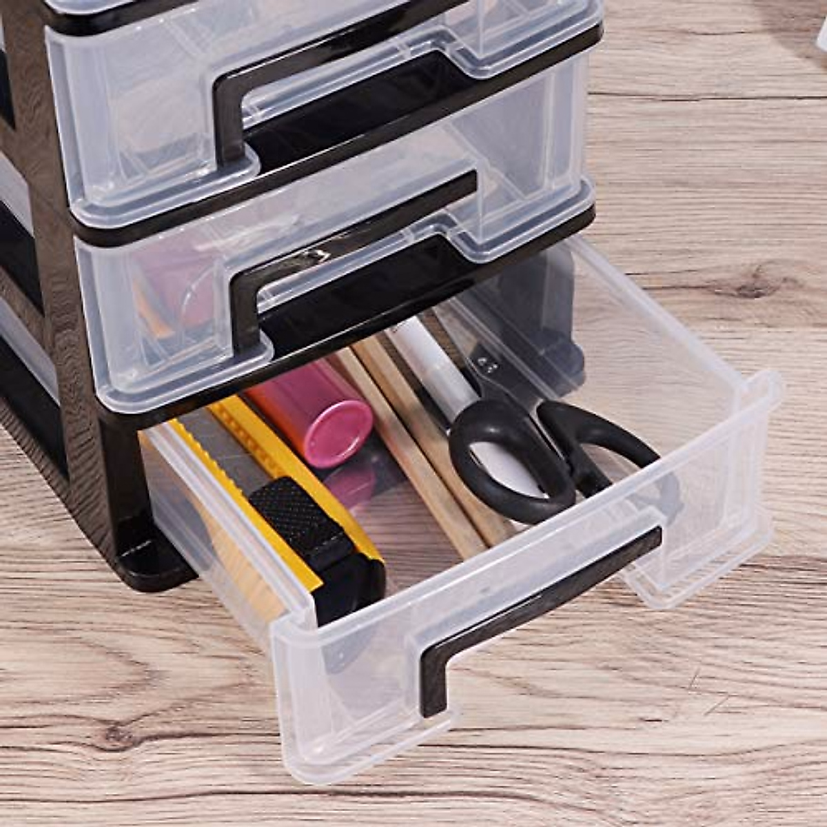 YARNOW 4 Drawer Storage Drawers and Personal Organizer, 1Set of Plastic Containers for Storing Arts, Crafts, Sewing Accessories, Stationary (Black and Transparent)