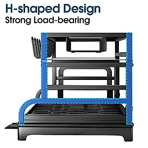 Ourackey Dish Drying Rack, Two Tier Dish Drying Rack for Kitchen Counter Large Dish Rack Kitchen with Drainboard Set for Sink, Dish Drainer with Utensil Holder, Cups Holder, Black