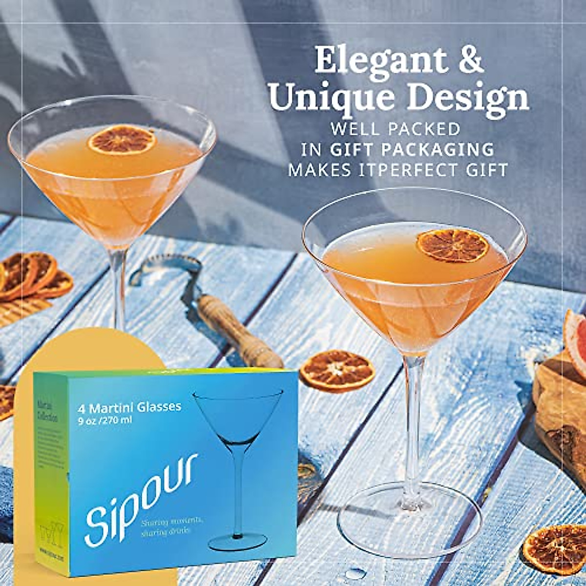 Martini Glasses Set of 4 (9 oz) – Cocktails Glass for Any Drink – Elegant Cocktail Glasses for Hosting Parties – Hand-Blown Crystal Martini Glasses – Give a Fancy Martini Set Gift