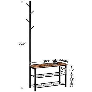 HOOBRO Shoe Bench, 28.3" Entryway Storage Bench with Coat Rack, 3-Tier Shoe Rack with Metal Mesh Shelves, Mudroom Bench, 4 in 1 Rustic Bench for Hallway, Foyer, Doorway, Bedroom BF12HX01