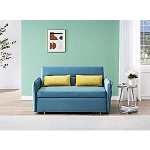 ERYE 3-in-1 Upholstered Futon Loveseat Convertible Sleeper Bed,2-Seaters Sofa & Couch Soft Cushions Love Seat Daybed for Small Space Living Room Sets Sofabed, Blue Velvet 2 Pillows Side Pockets Twin