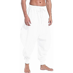 perdontoo Mens Baggy Harem Pants Elastic Waist Hippie Anime Pant Japanese Drop Crotch Trousers (32, White)