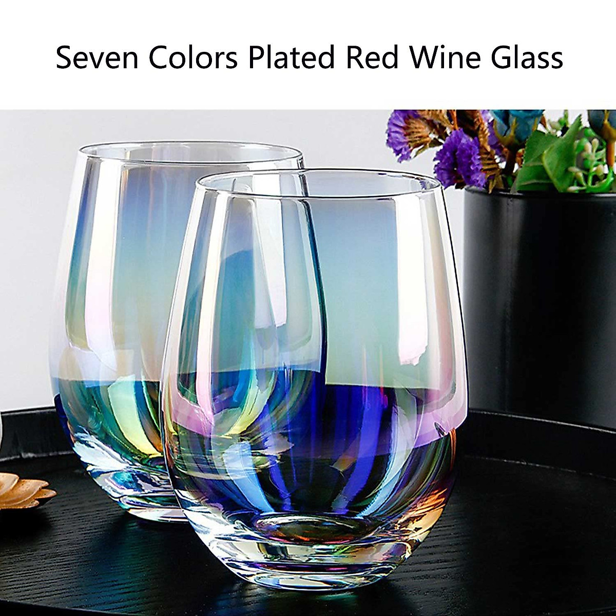 HELLWANG Stemless Wine Glasses, 20 Ounce Seven Color Dazzling Wine Glass for Red or White Wine, Whiskey- Pool Party Beach Travel Cups (Set of 1)