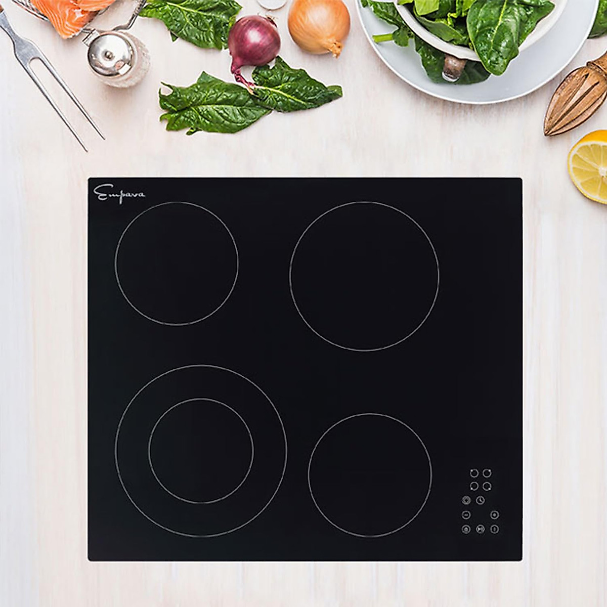 Empava 24" Electric Radiant Cooktop 4 Burners Stove Top with 1-99 Minutes Timer and 9 Heating Levels Smooth Glass Surface in Black, 24 Inch