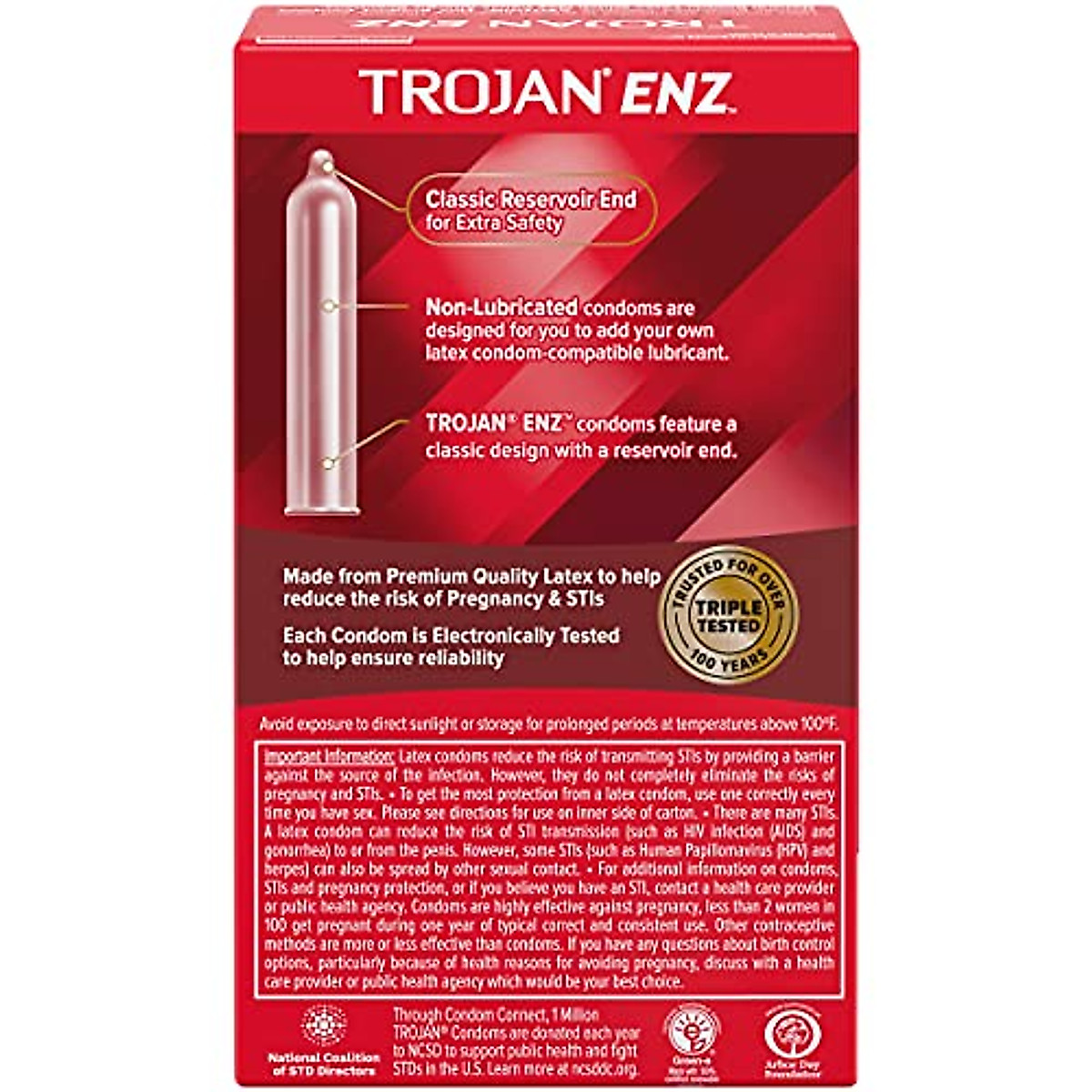Trojan ENZ Condoms, STI Protection 12 Count, Non Lubricated, 1 Box