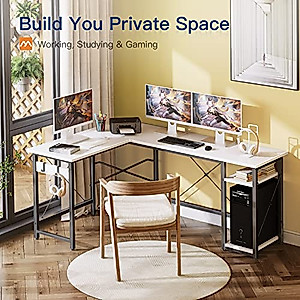 Coleshome L Shaped Computer Desk 66" with Storage Shelves, Corner Gaming Desk, Sturdy Writing Desk Workstation, Modern Wooden Office Desk, Wood & Metal, White