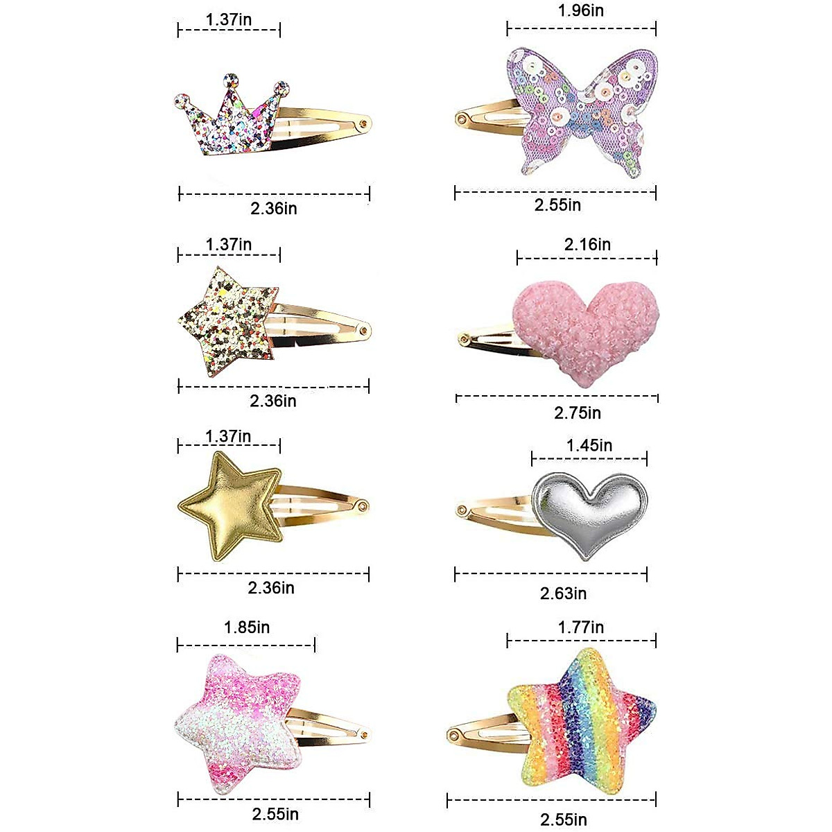 Gingbiss Hair Clips for Girls - 8 Pairs of Star, Crown, Heart, Butterfly Shaped Barrettes and Pins - Metal Snap Accessories for Styling Kids' Hair