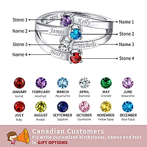 ChicSilver 925 Sterling Silver Simulated Birthstone Promise Rings for Women Personalized Mothers Rings with 4 Birthstones 4 Names Grandma Mom for Her Custom Name Engraved Ring