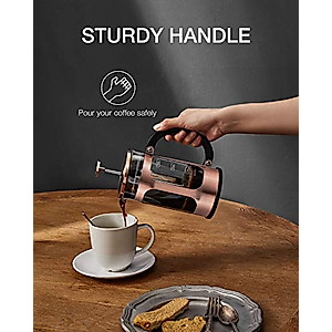 BAYKA French Press Coffee Tea Maker, 304 Stainless Steel Coffee Press, Heat Resistant Thickened Borosilicate Glass, 21 Ounce, Copper