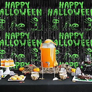 2 Pack Halloween Foil Fringe Curtains Decorations, 3.3 x 6.6 FT Black Tinsel Fringe Curtain Cat Happy Halloween Decorations Indoor Photo Backdrop Streamers for Home Halloween Party Decor