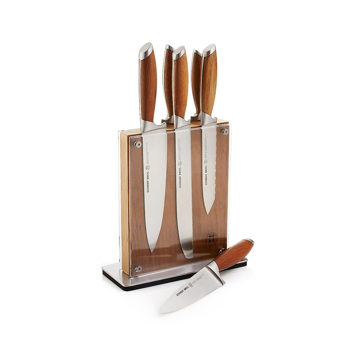 Schmidt Brothers - Bonded Teak, 7-Piece Knife Set, High-Carbon Stainless Steel Cutlery with Midtown Acacia and Acrylic Magnetic Knife Block