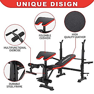 OppsDecor 600lbs Adjustable Weight Bench Workout Bench 5 in 1 Olympic Weight Bench Multi-Function Leg Developer Preacher Curl and Barbell Rack Incline Backrest for Indoor Home Gym Fitness Exercise Equipment