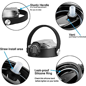 HYDROWION 2 Pack Auto Flip Straw Lid with Button Lock for Wide Mouth Water Bottle 12, 18, 24, 32, 40, 64oz, Great Lid for Hydro Flask, Takeya, Iron Flask,Black